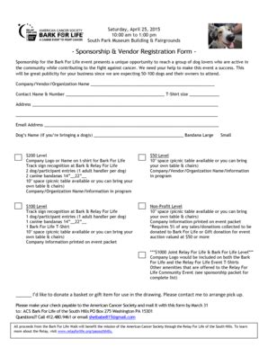 Fillable Online Relay Acsevents Vendor Or Sponsor Form Relay For Life
