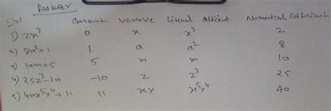 b identify the constant variable literal coefficient and numerical coefficient of each
