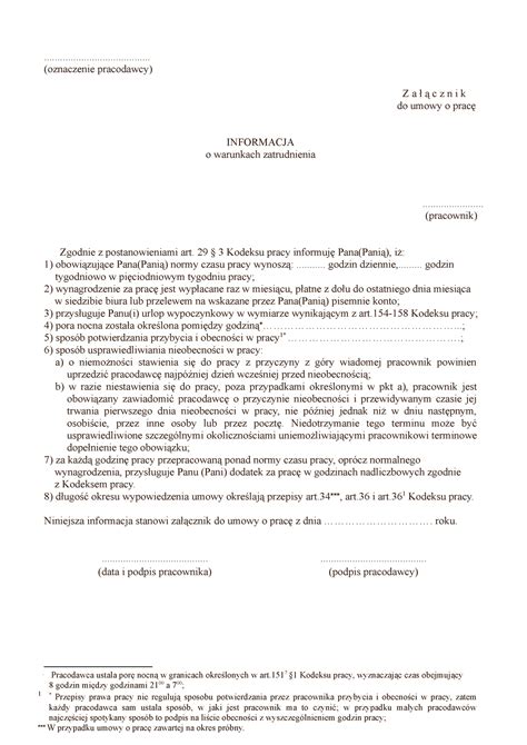 Wzór informacji o warunkach zatrudnienia