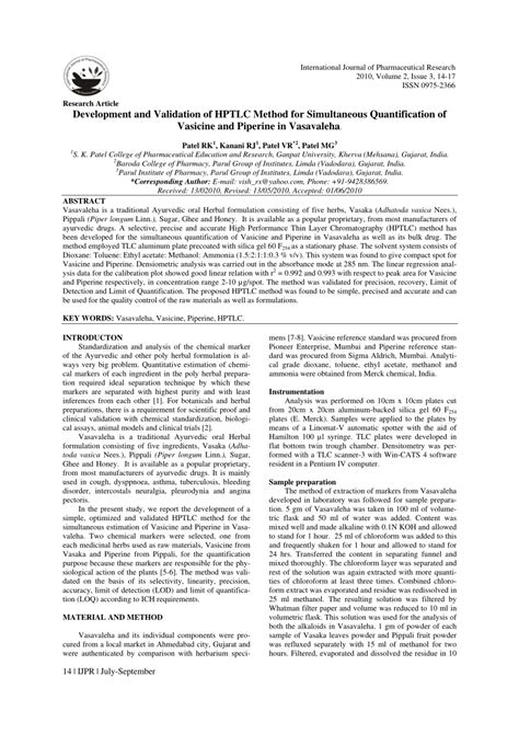pdf development and validation of hptlc method for simultaneous quantification of vasicine and