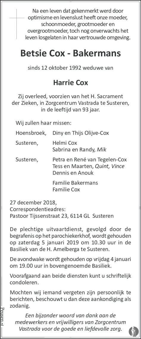 In Memoriam Betsy Cox Bakermans Echt Susteren Nu