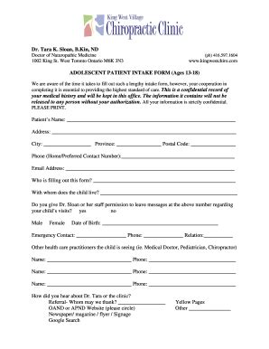 Fillable Online Adolescent Intake Form 13 18docx Fax Email Print