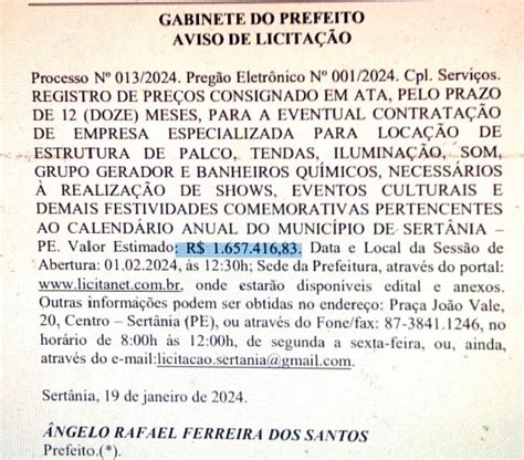 NOVA LICITAÇÃO MILIONÁRIA PREFEITURA DE SERTÂNIA DEVERÁ GASTAR QUASE
