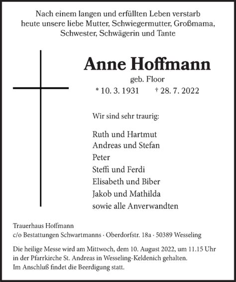 Traueranzeigen Von Anne Hoffmann WirTrauern