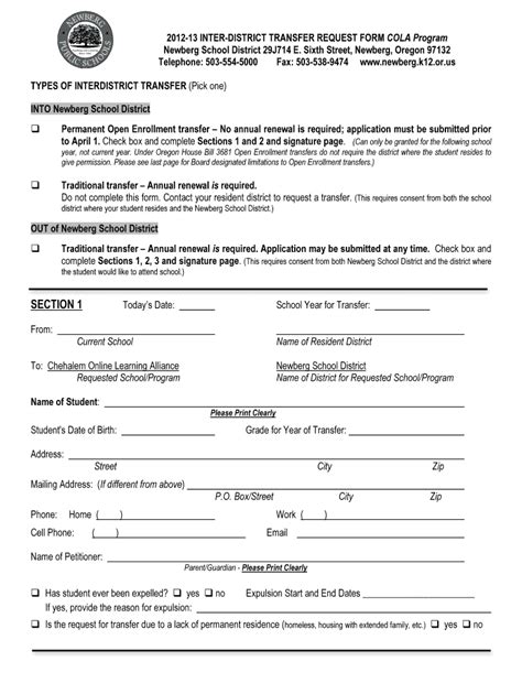 Fillable Online Chehalemvirtual Inter District Transfer Form For 2012