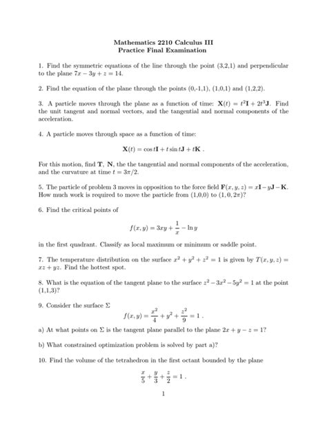 mathematics 2210 calculus iii practice final examination