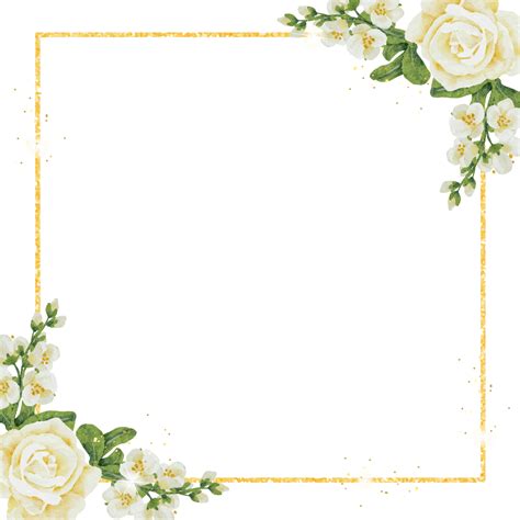 buquê de rosas brancas em aquarela moldura quadrada de luxo dourado