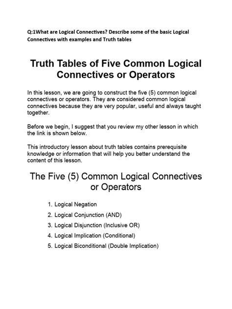 truth table of five common logical operators or connectives pdf proposition logic