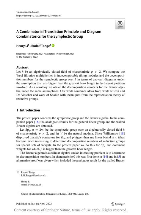 pdf a combinatorial translation principle and diagram combinatorics for the symplectic group