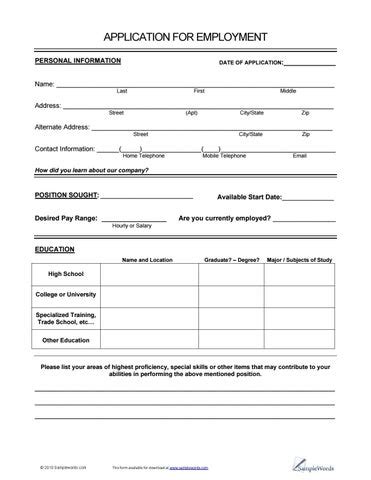 Printable Generic Application For Employment
