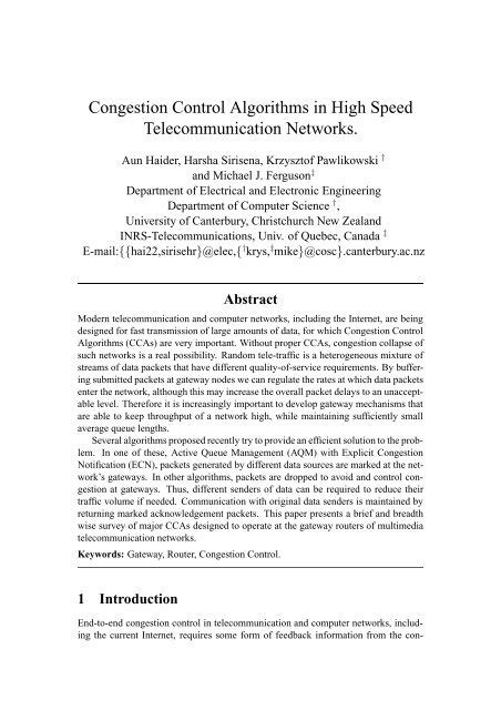 congestion control algorithms in high speed telecommunication