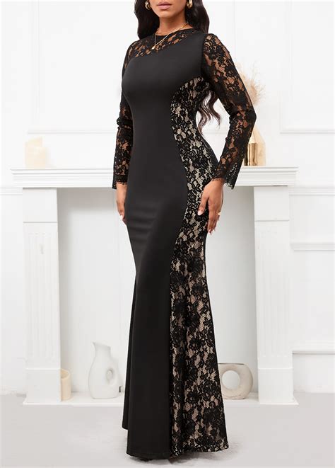 Patchwork Black Long Sleeve Round Neck Maxi Bodycon Dress Rosewe