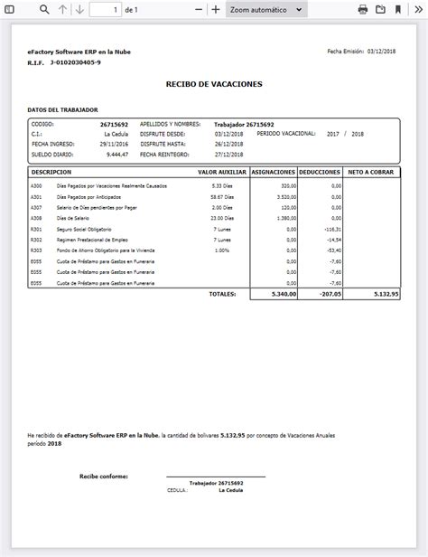 Ejemplos De Recibos De Vacaciones De Trabajadores En Efactory Nómina