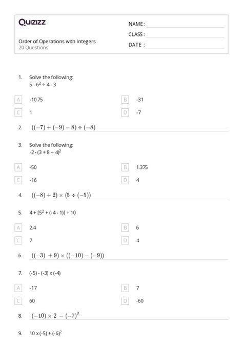 50 Operations With Integers Worksheets For 7th Grade On Quizizz Free