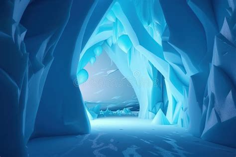 Cueva De Hielo Azul Cubierta De Nieve E Inundada De Luz Hecha Con Ai