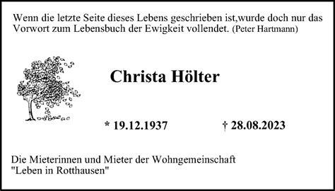 Traueranzeigen von Christa Hölter Trauer in NRW de