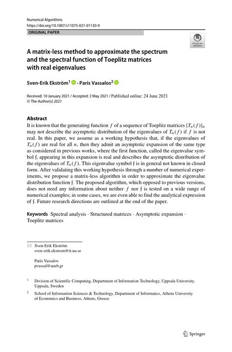 pdf a matrix less method to approximate the spectrum and the spectral function of toeplitz