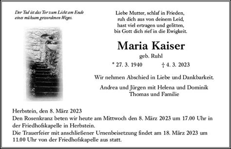 Traueranzeigen Von Maria Kaiser Vrm Trauer De