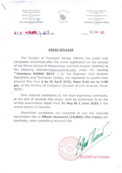 Cameroun Eamac le communiqué du Ministre des Transports relatif au