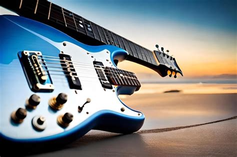 Una guitarra eléctrica azul con un cuerpo azul y un fondo de puesta de