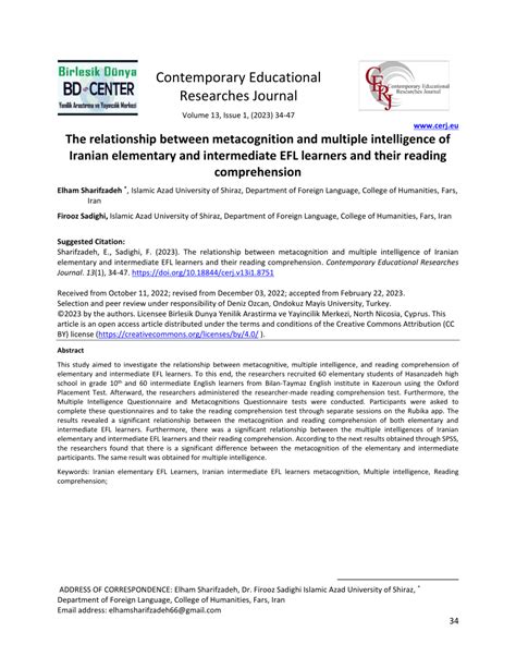 pdf the relationship between metacognition and multiple intelligence of iranian elementary and