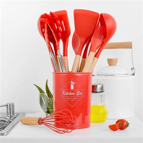 Jogo Kit C 12 Peças Utensílios De Cozinha Silicone Cabo Madeira
