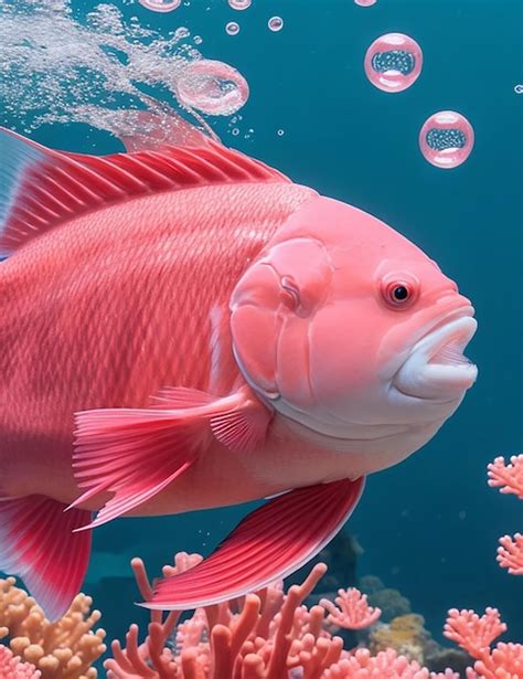 Um peixe fofo olhos grandes de nariz rosa e cauda vermelha é