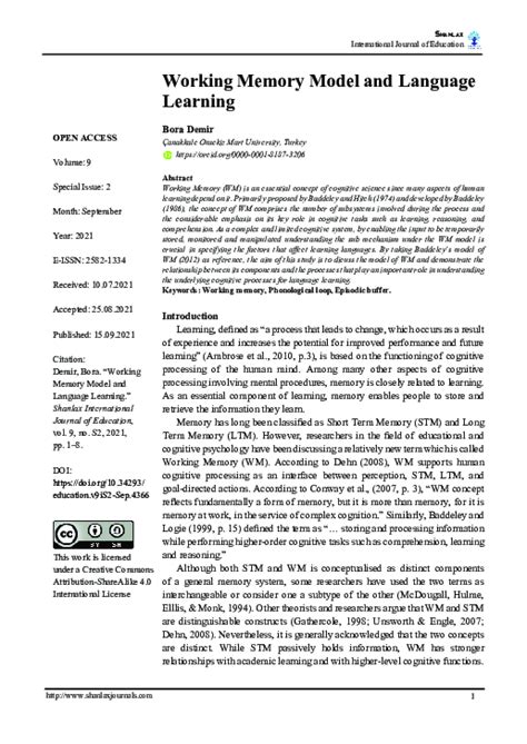 pdf working memory model and language learning bora demir