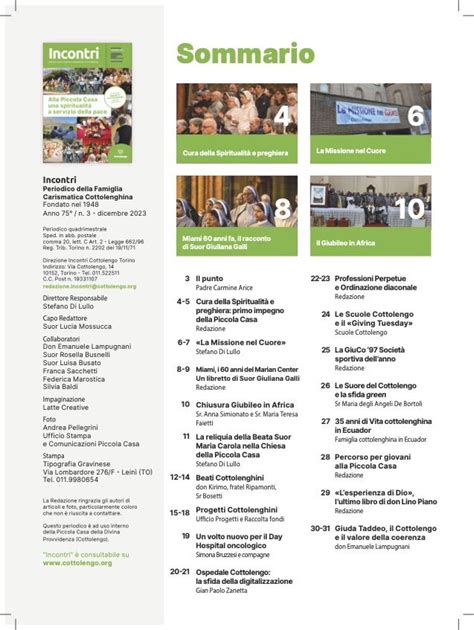 Rivista Incontri è on line il numero di dicembre 2023 Cottolengo