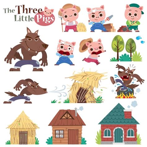 Dibujos Animados De Tres Cerditos Conjunto De Personajes Lindos