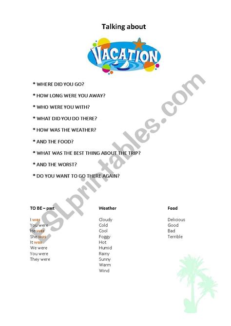 Tell Me About Your Vacation ESL Worksheet By Lina Franchi