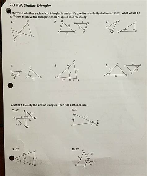 solved 7 3 hw similar triangles etermine whether each pair