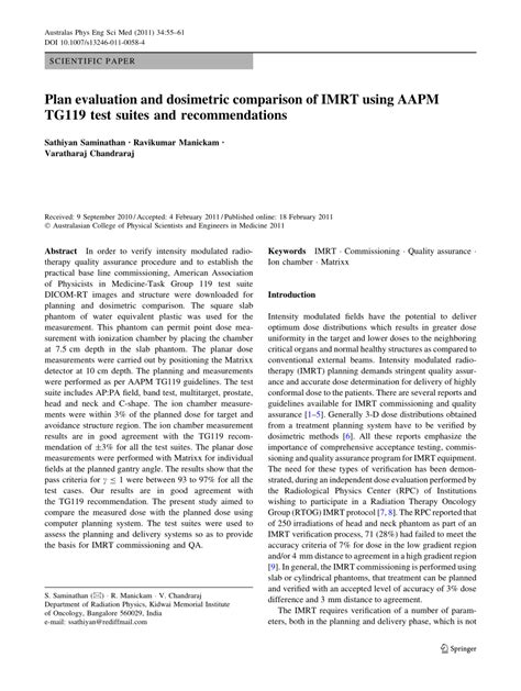 pdf plan evaluation and dosimetric comparison of imrt using aapm tg119 test suites and