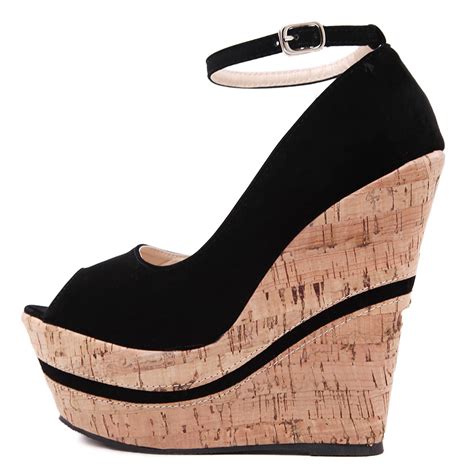 Fashion Peep Toe Platform Wedge High Heel Black PU Ankle Strap Pumps