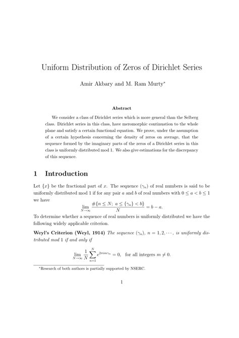 pdf uniform distribution of zeros of dirichlet series