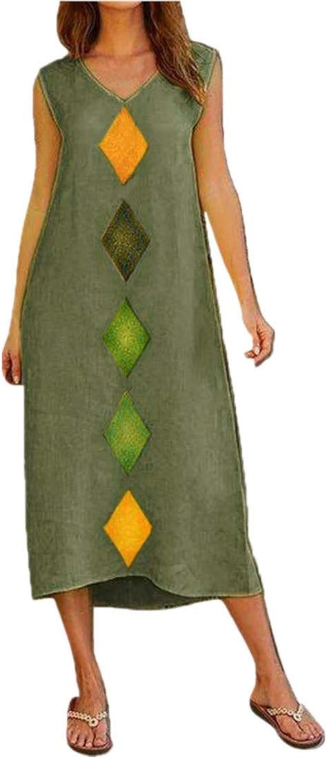 ZEZKT Robes Femme Été Longue Géométrie Imprimé sans Manche Col V en