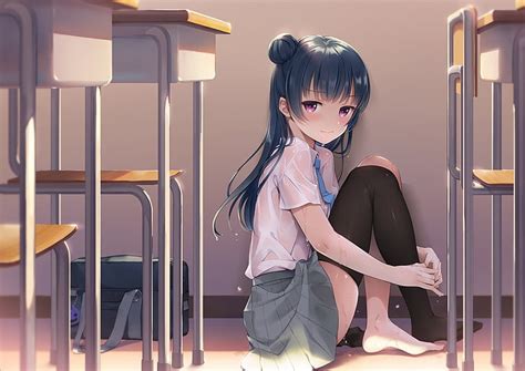 HD Wallpaper Girl Anime At School Digital Wallpaper Barefoot Black