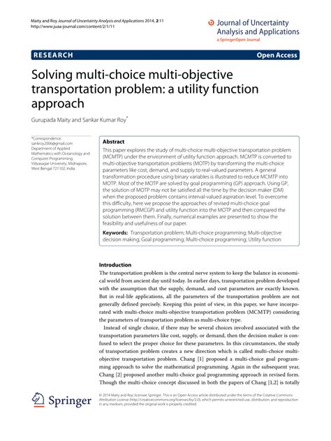 pdf solving multi choice multi objective transportation problem a utility function approach