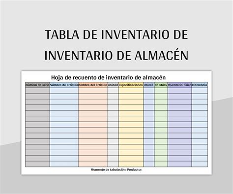 Plantilla de Formato Excel Tabla De Inventario De Inventario De Almacén