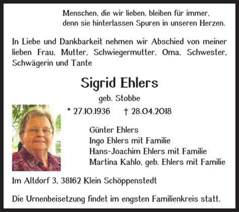 Traueranzeigen Von Sigrid Ehlers Trauer38 De
