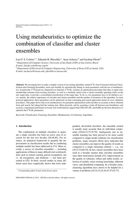 pdf using metaheuristics to optimize the combination of classifier and cluster ensembles