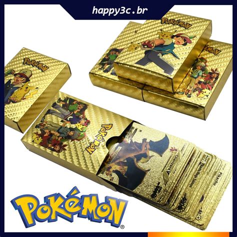 55 Pçs Cartas De Ouro Pokémon Folha Inglês Prata Jogo De Metal