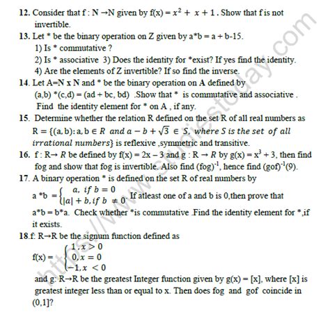 cbse class 12 mathematics relation and function worksheet set c
