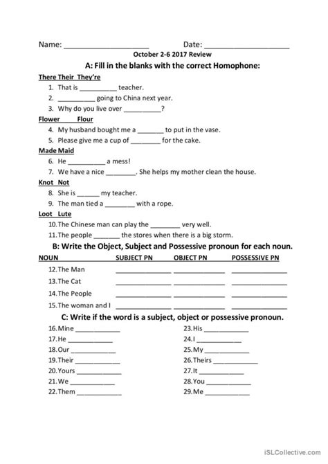 Subject Pronouns Possessive Adjectives Online Exercise For Off