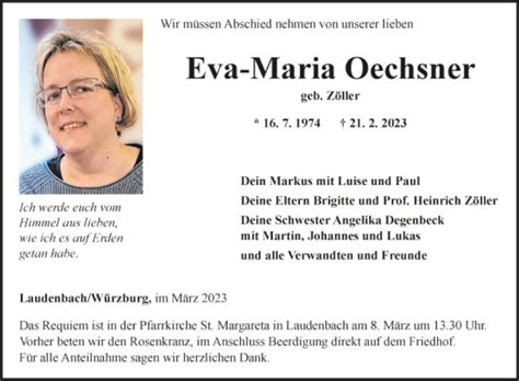 Traueranzeigen Von Eva Maria Oechsner Trauerportal Ihrer Tageszeitung