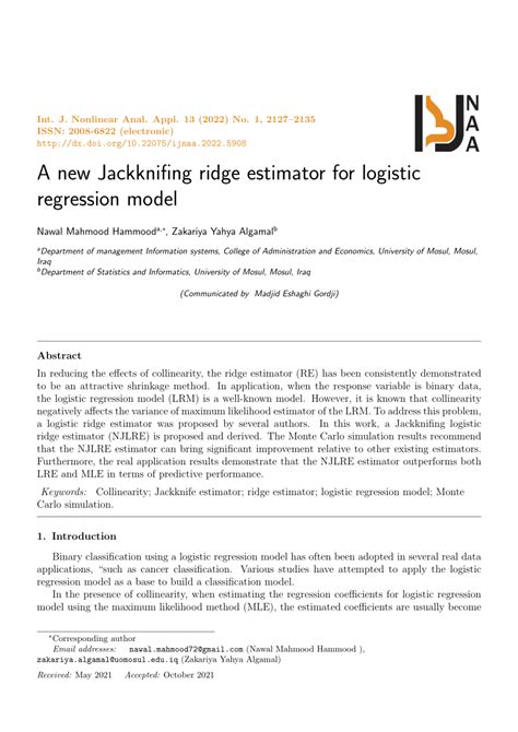 pdf a new jackknifing ridge estimator for logistic regression model