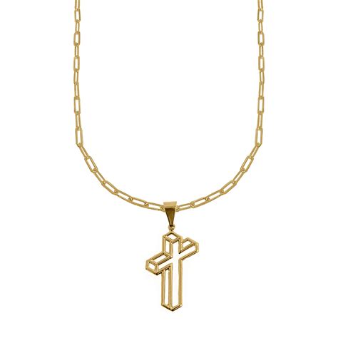 Corrente Masculina Cartier 2mm Pingente Cruz 3D Folheado Ouro 18k