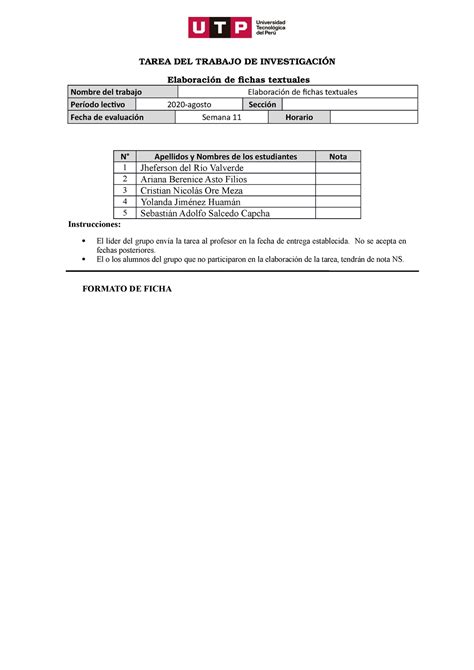 Tarea De Fichas Textuales Grupo Tarea Del Trabajo De Investigaci N