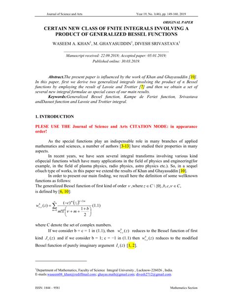 pdf certain new class of fnite integrals involving a product of generalized bessel functions