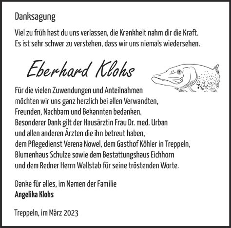 Traueranzeigen von Eberhard Klohs Märkische Onlinezeitung Trauerportal